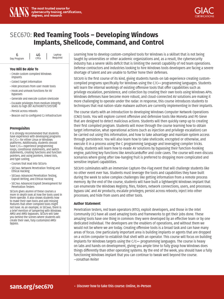 SEC670: Windows Red Team Tool Development | PDF | Computer Programming ...