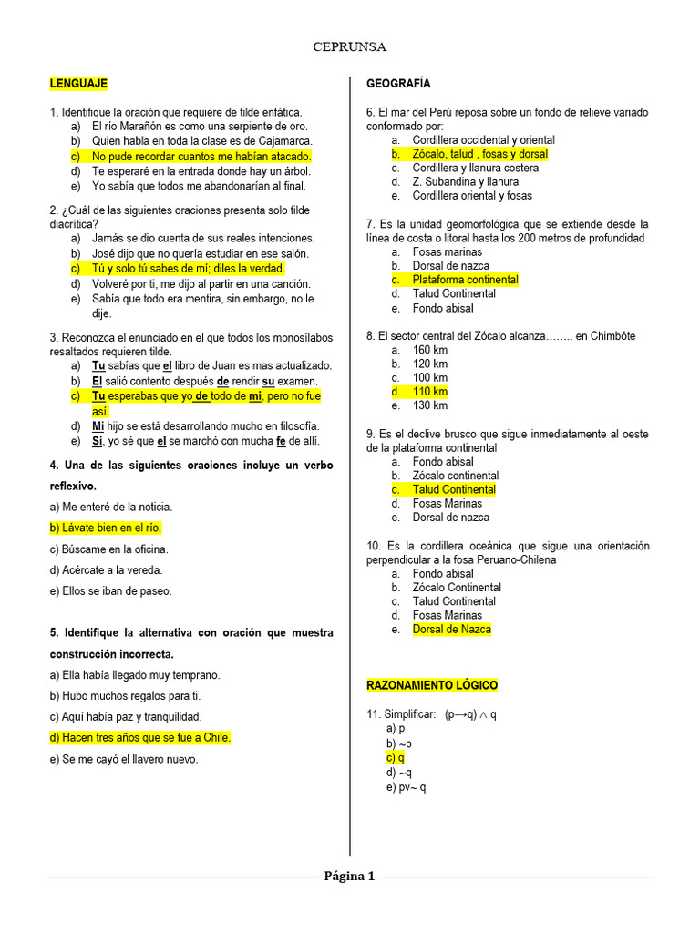 Clave de Rpta Ranking Ceprunsa I Fase 03-05 | PDF