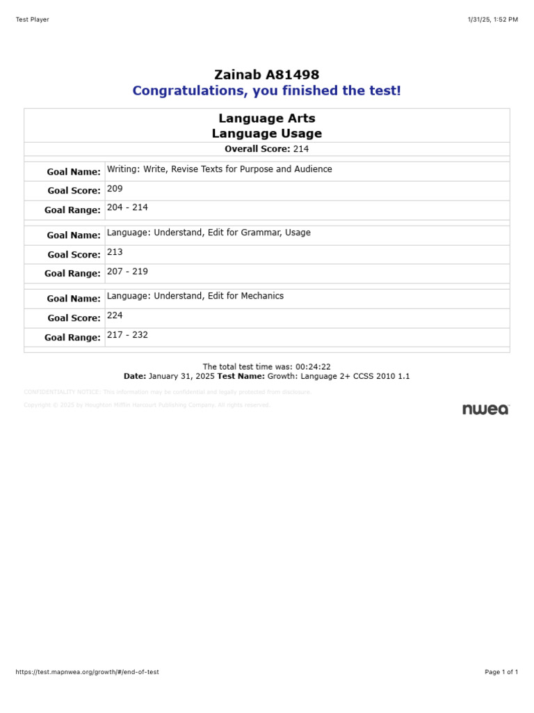 Language Arts Test Results Summary | PDF