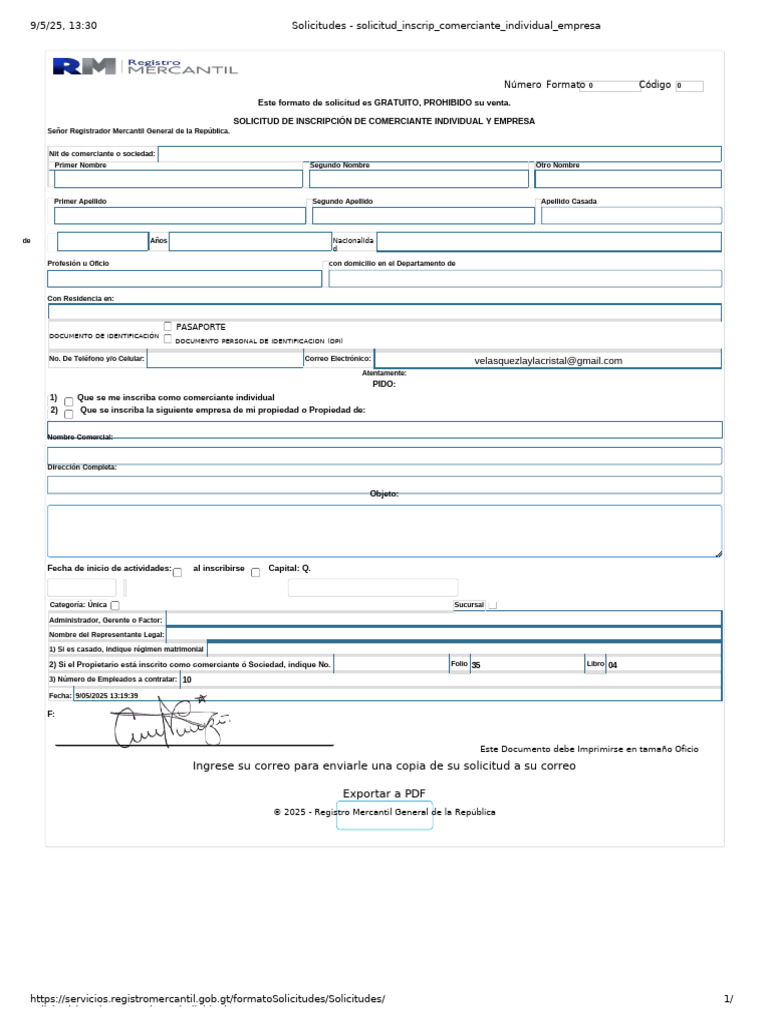 Formulario de Inscripción en Registro Mercantil | PDF