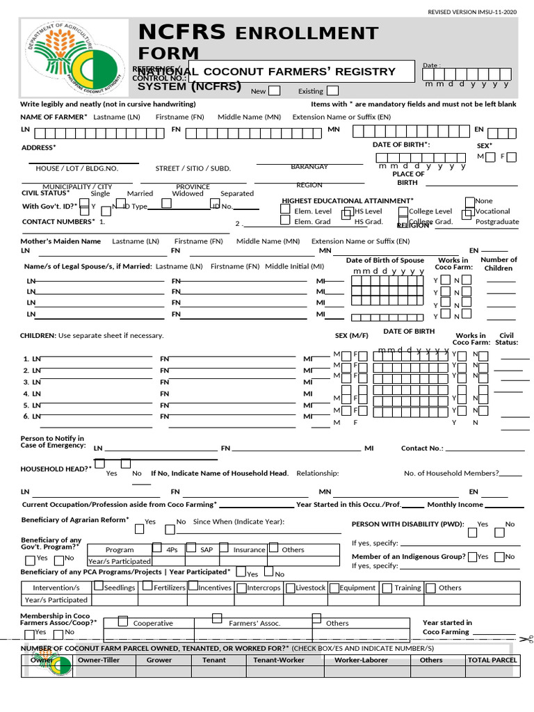 Ncfrs Gis Enrollment Form Final v2 | PDF | Coconut | Farms