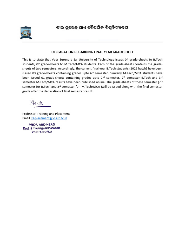 Declaration Regarding Final Year Gradesheets | PDF