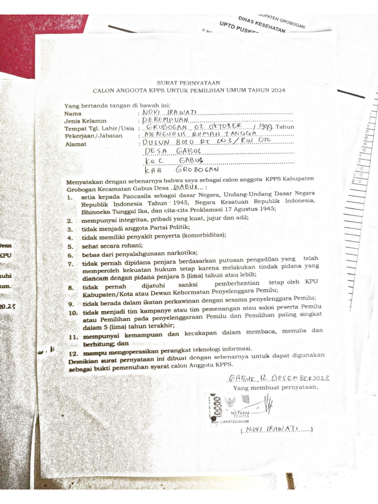 Surat Pernyataan Novi | PDF