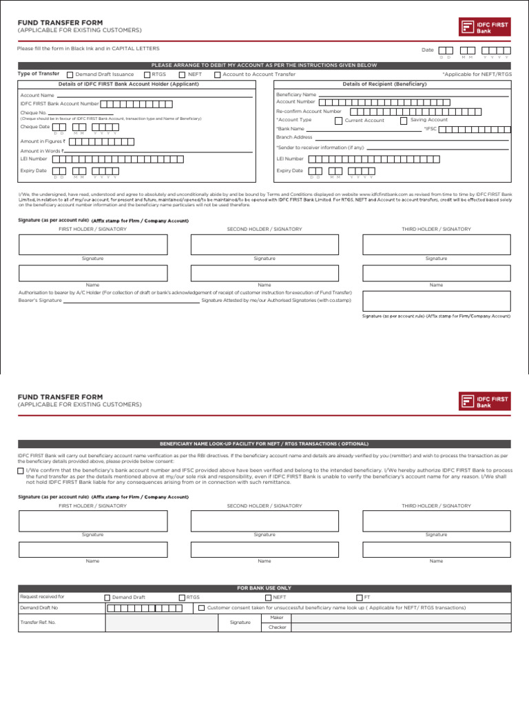 Idfc Fund Transfer Form | PDF | Cheque | Banking Technology