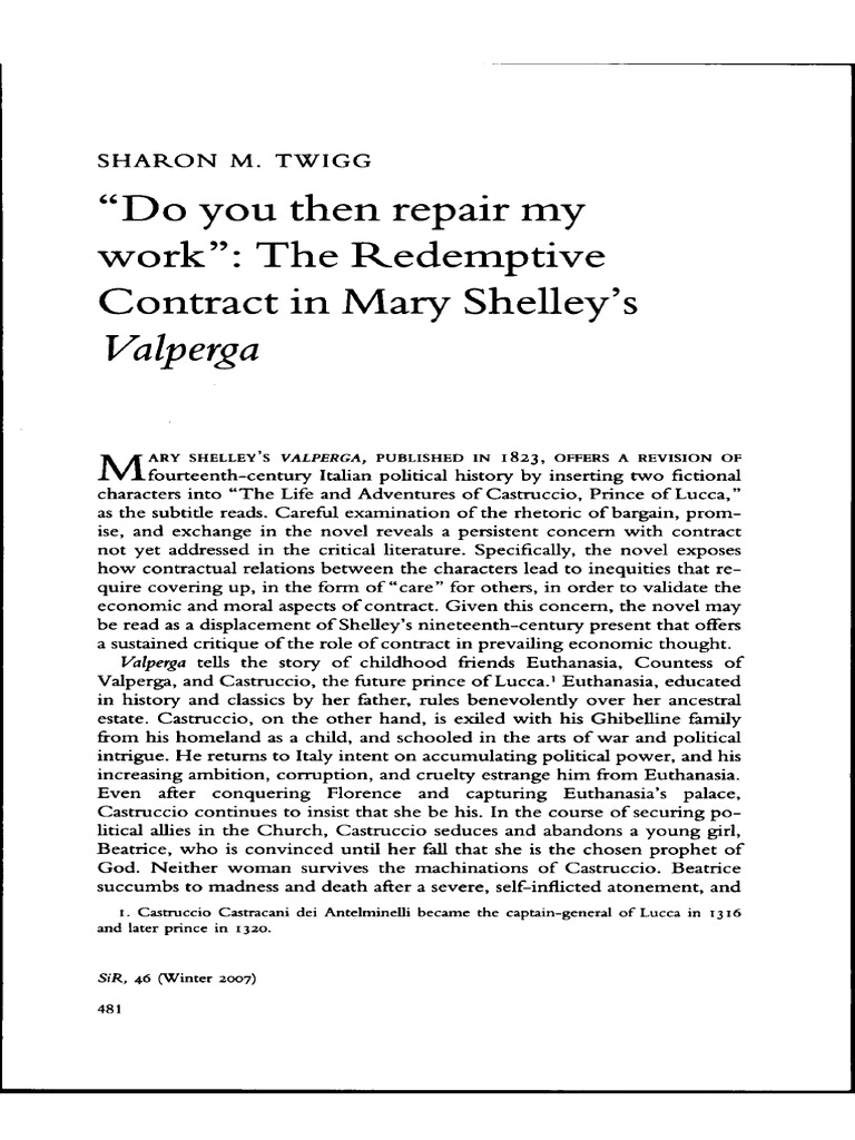 "Do You Then Repair My Work": The Redemptive Contract in Mary Shelley's ...