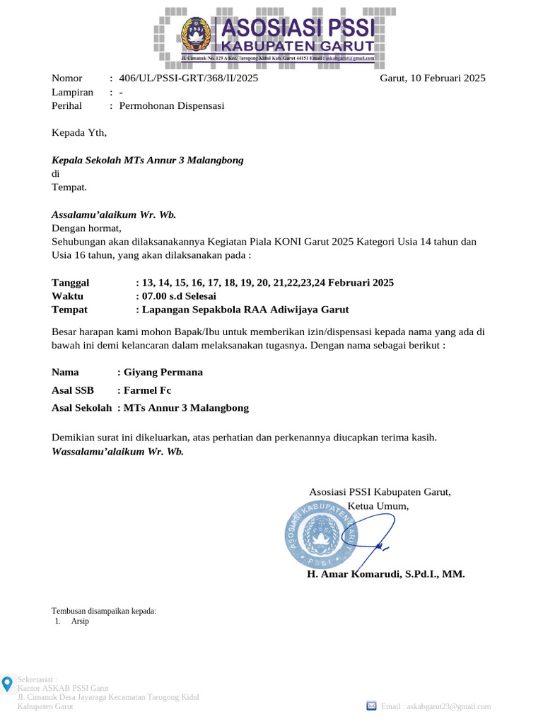 406 UL 368 - SURAT DISPENSASI PESERTA PIALA KONI GARUT Giyang | PDF
