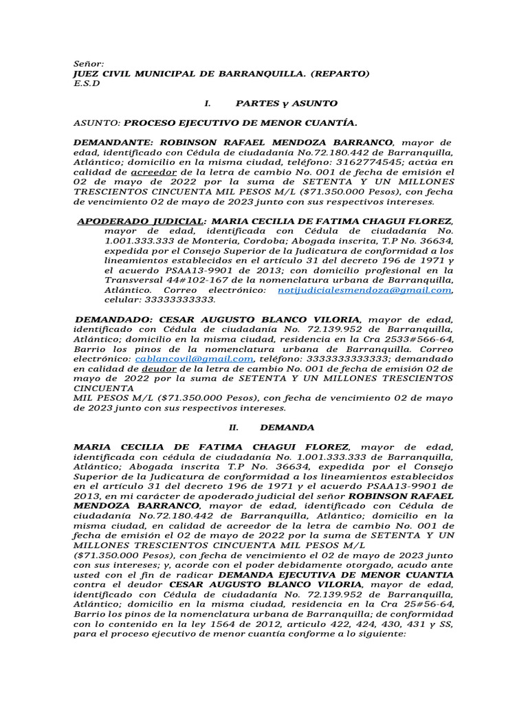 Demanda Ejecutiva - Robinson Mendoza | PDF | Pagaré
