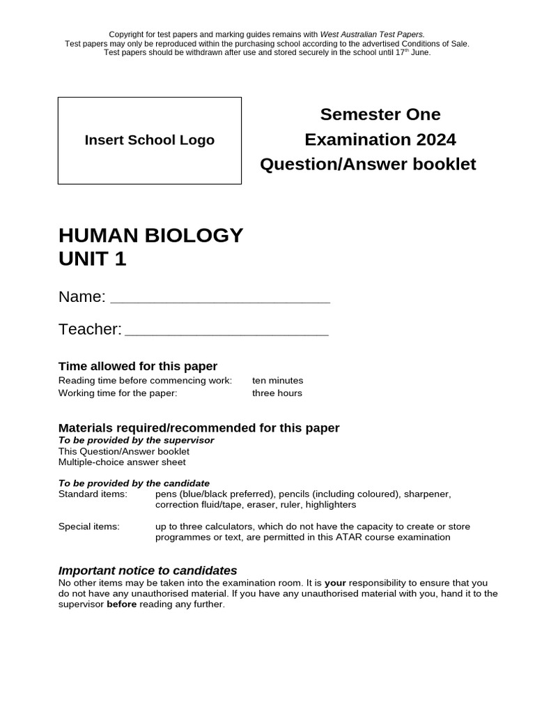 2024 - Human Biology Unit 1 Exam | PDF | Stomach | Heart