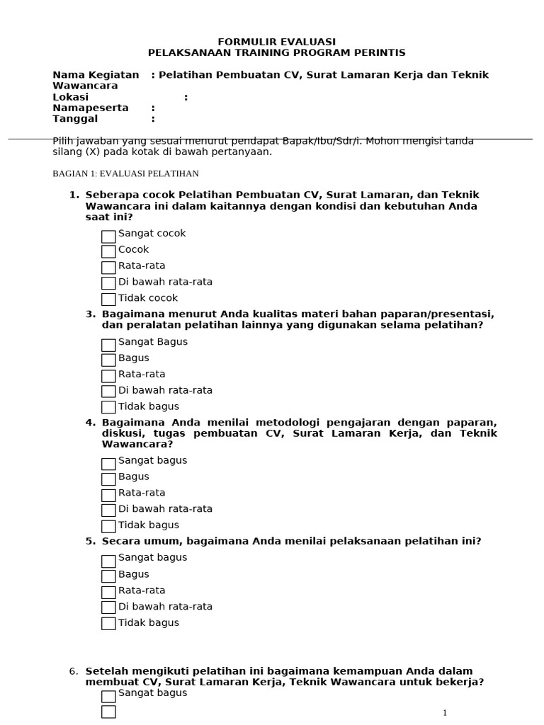 Formulir Evaluasi Pelatihan Jos Skill | PDF