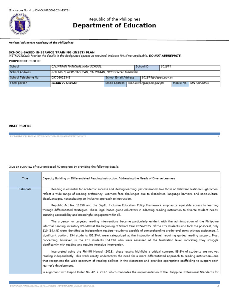 INSET PLAN - Template - SDO Occidental Mindoro - New | PDF ...