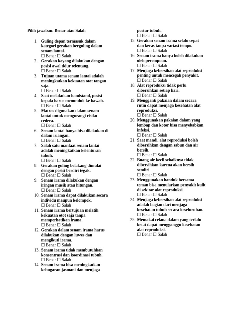 Soal Benar Salah Senam Lantai dan Kebersihan | PDF