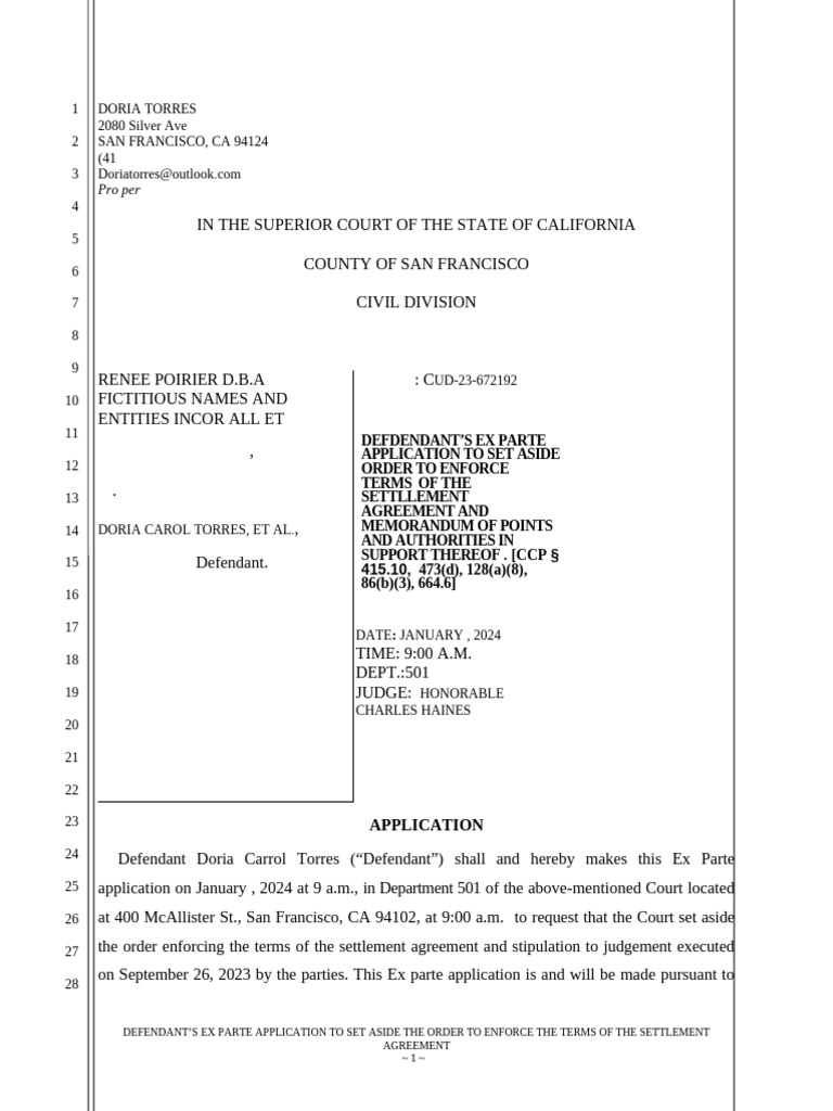 Ex Parte Application to Set Aside Settlement | PDF | Eviction ...