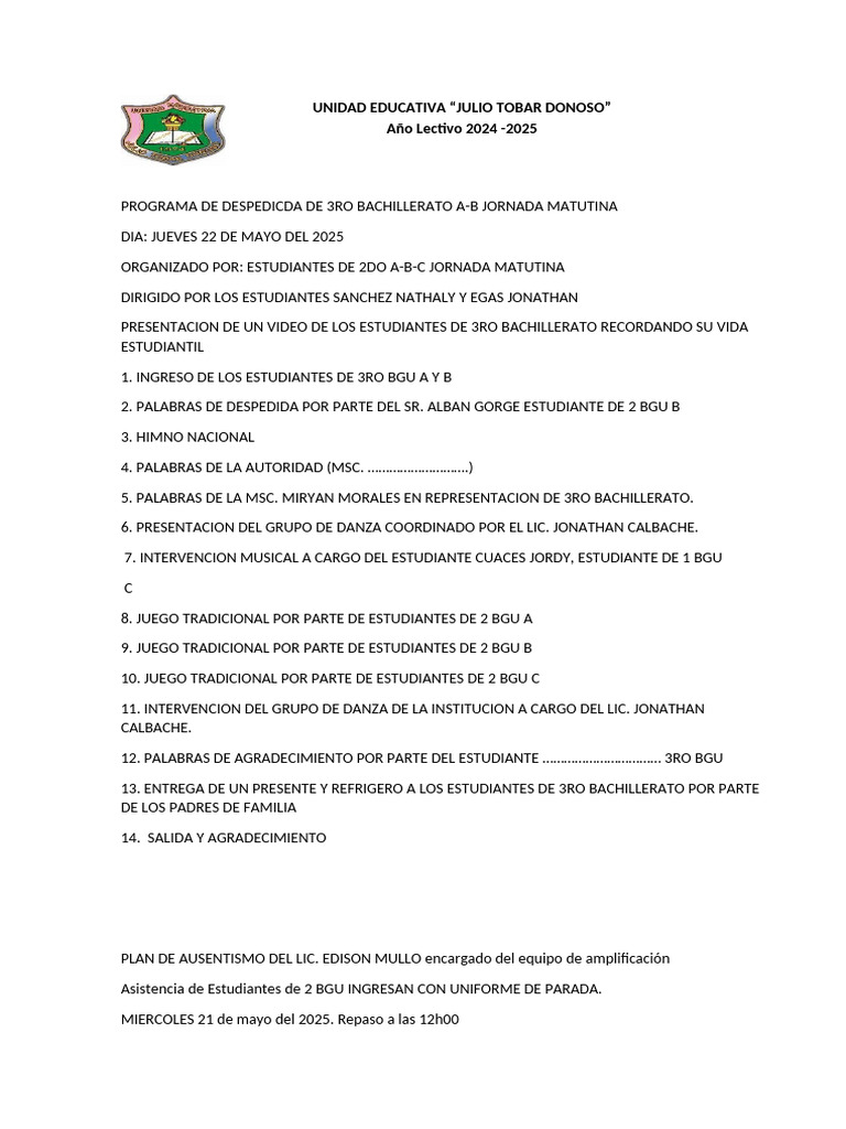 Programa de Despedicda de 3ro Bachillerato Jornada Matutina | PDF
