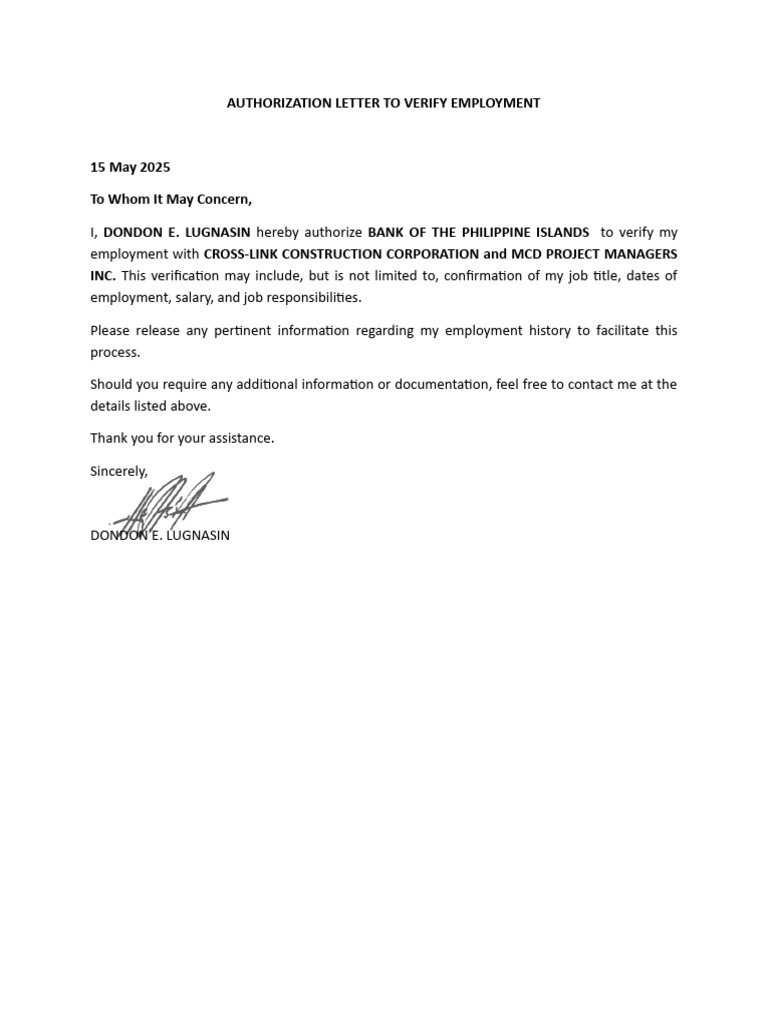 Authorization Letter To Verify Employment | PDF