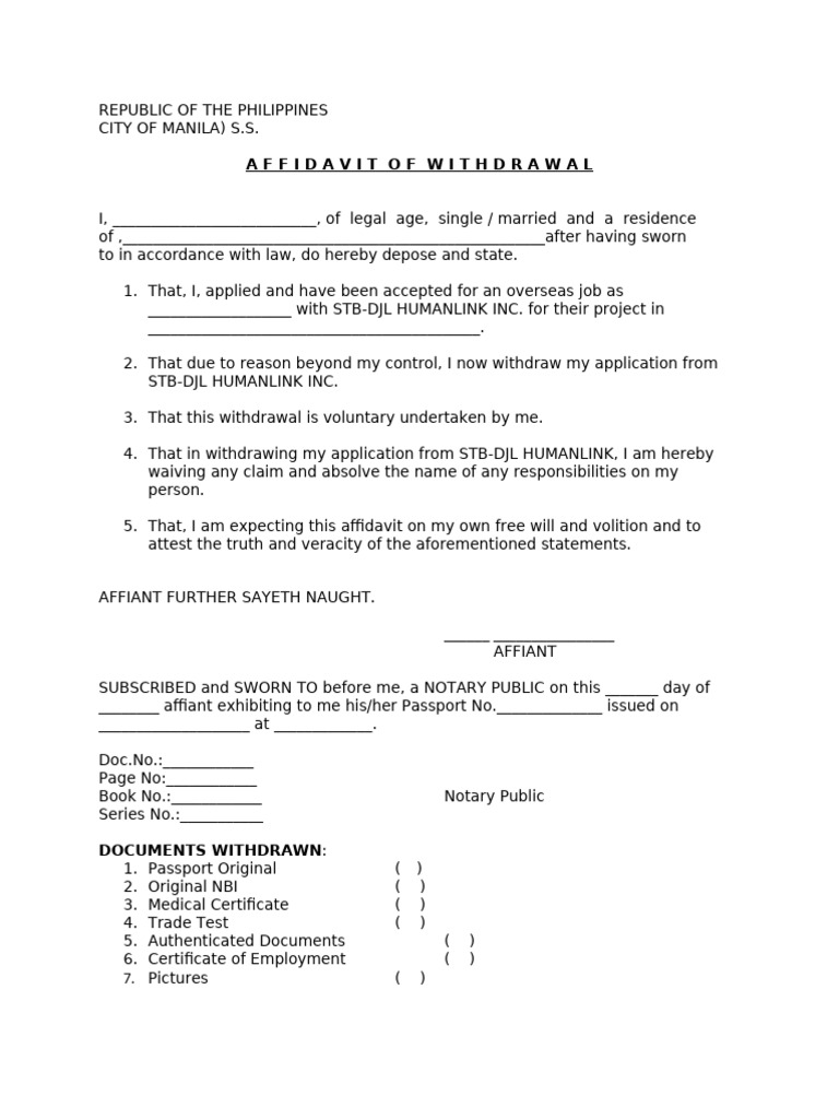AFFIDAVIT OF WITHDRAWAL DOCS | PDF