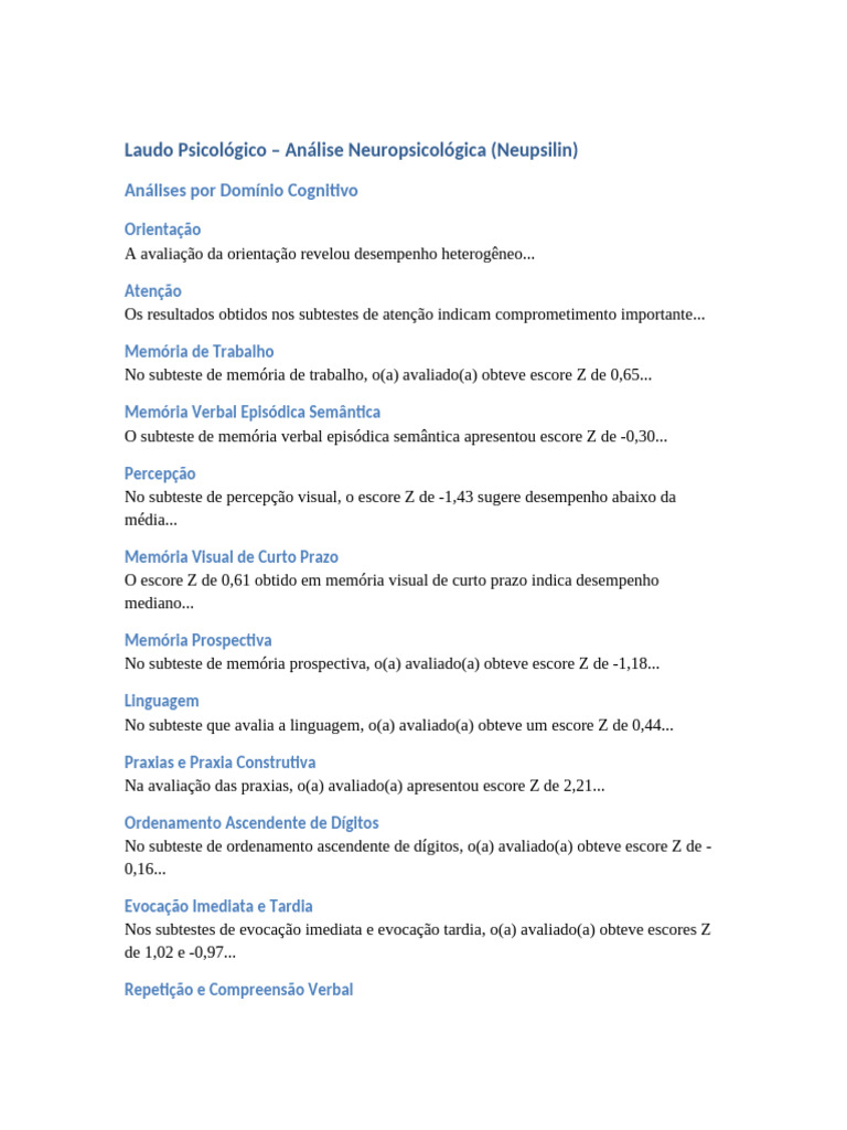 Laudo Neuropsicologico Analise Neupsilin | PDF