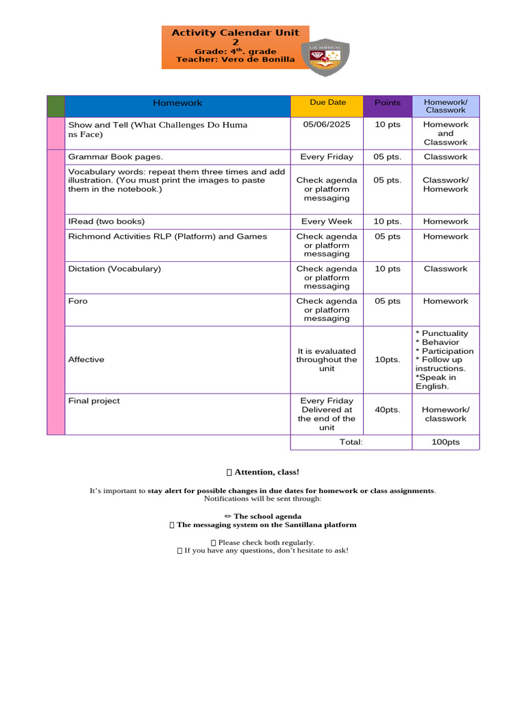 4th Grade Activity Calendar and Homework | PDF | Learning | Human ...