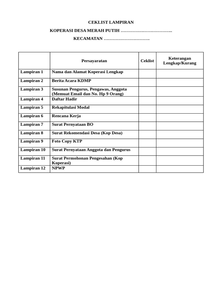 Ceklist Lampiran KDMP | PDF