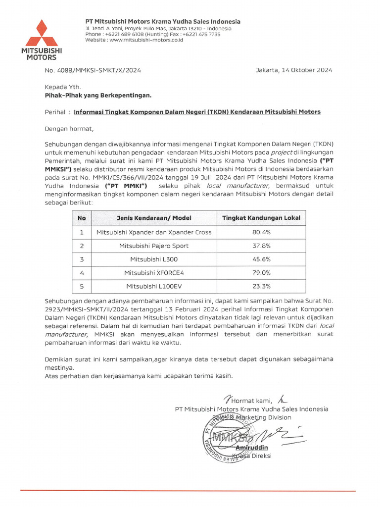 Surat Keterangan Tingkat Komponen Dalam Negeri (TKDN) Kendaraan ...