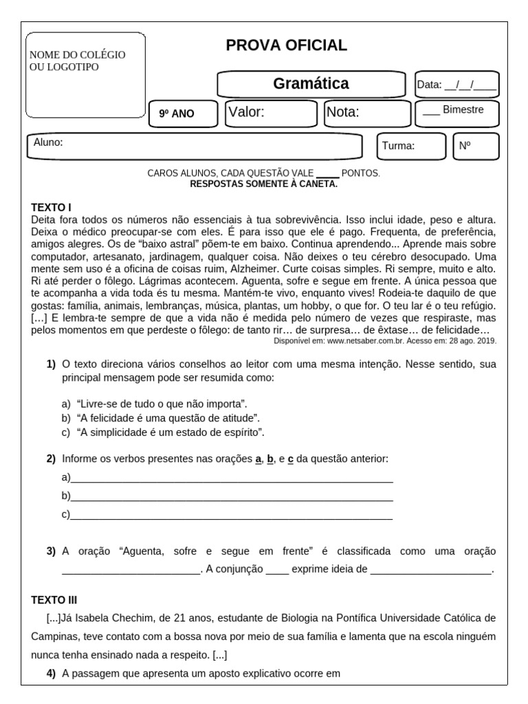 PROVA DE GRAMÁTICA_9ºANO | PDF | Assunto (gramática) | Predicado (gramática)