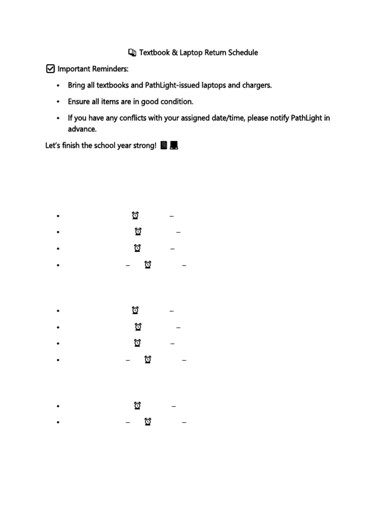 ? Textbook and Laptop Return Schedule | PDF