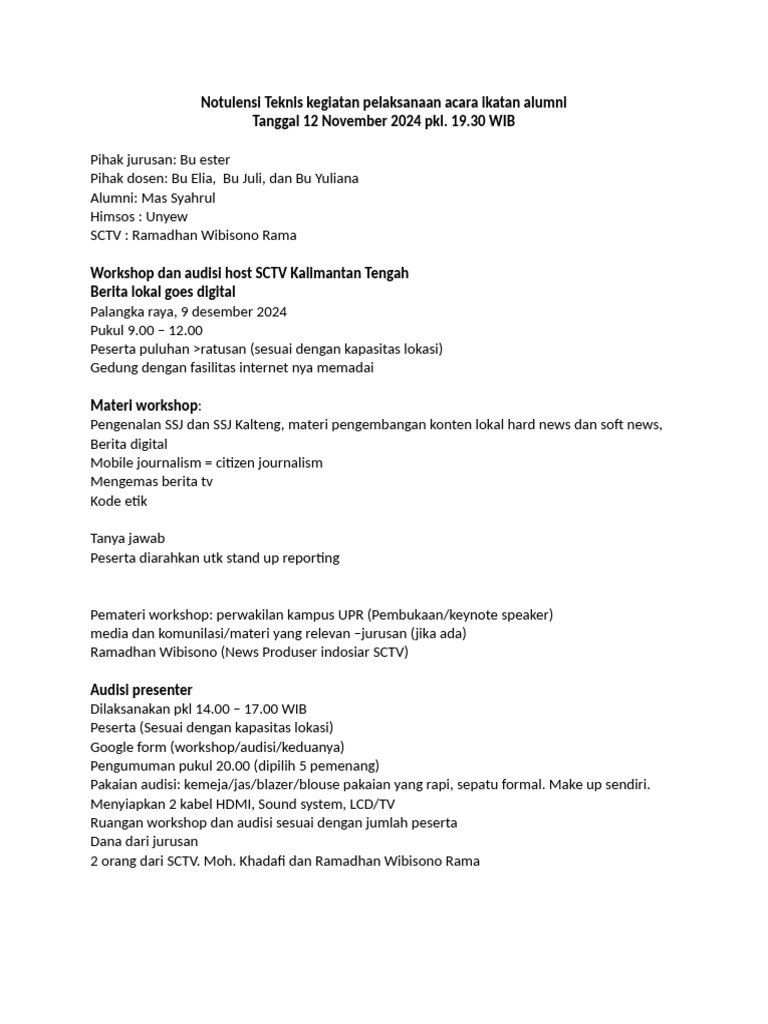 Notulensi rapat acara ikatan alumni workshop dan penjaringan presenter SCTV | PDF