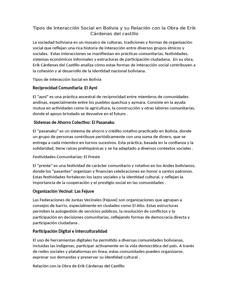Tipos de Interacción Social en Bolivia y Su Relación Con La Obra de Erik Cárdenas Del Castillo ...