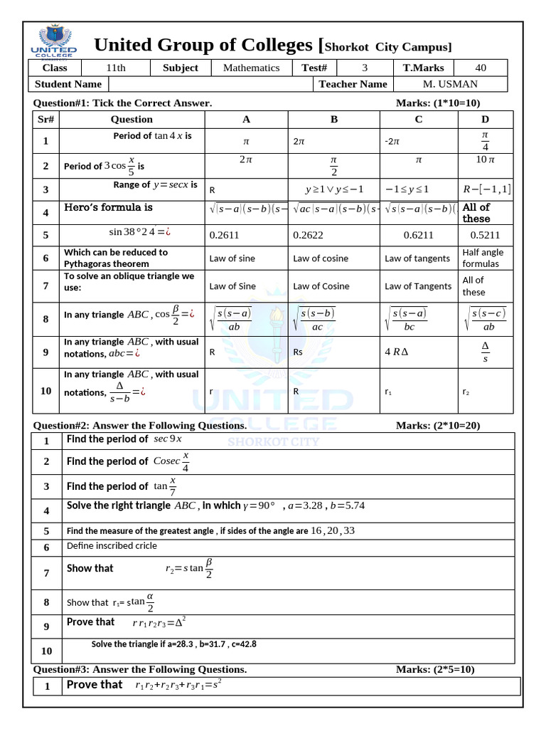 11th Math Test No 3 CHP 11 + 12 | PDF | Trigonometric Functions ...