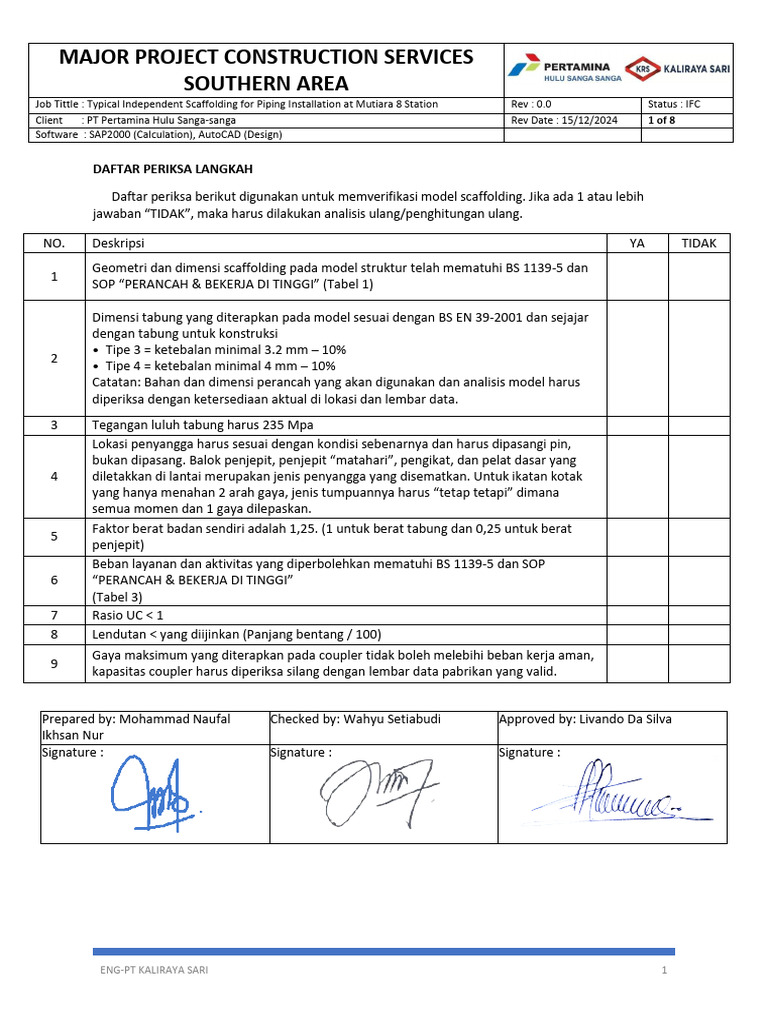 Design & Calculation Independent Scaffolding For Piping Installation M-8 Rev. 0 | PDF