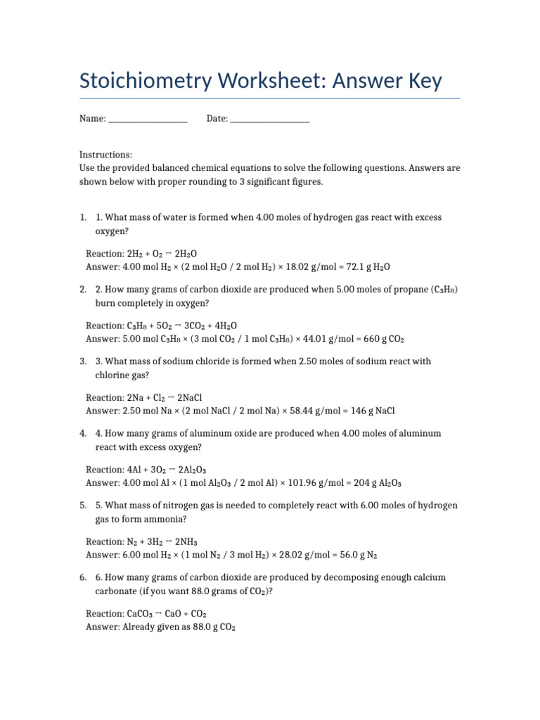 Stoichiometry Worksheet Answers | PDF