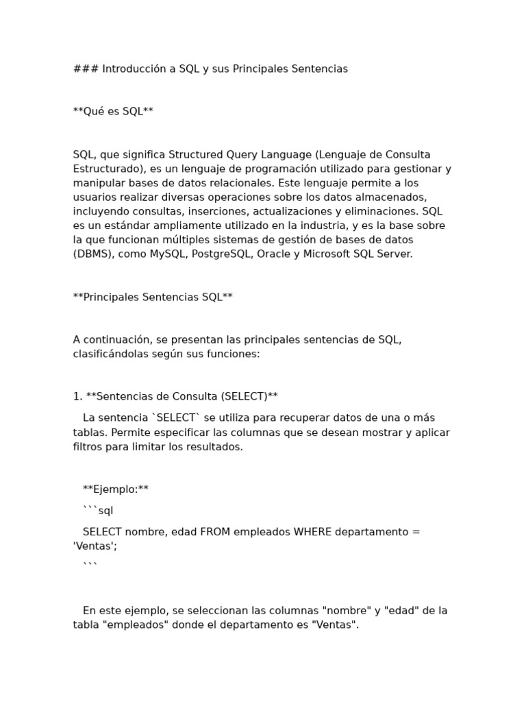 Introducción A SQL y Sus Principales Sentencias | PDF | SQL | Gestión de datos