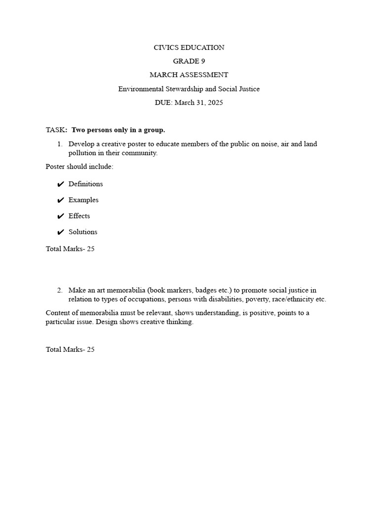 Grade 9 Civics Assessment: Pollution & Justice | PDF