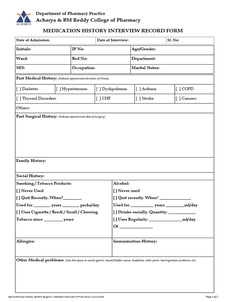 Patient Medication History Interview Form | PDF | Human Diseases And ...