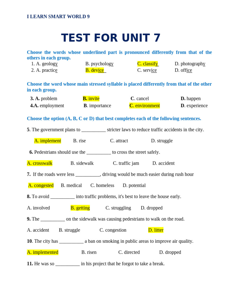 SMW9 - Test For Unit 7 - Key | PDF | Traffic | Public Transport