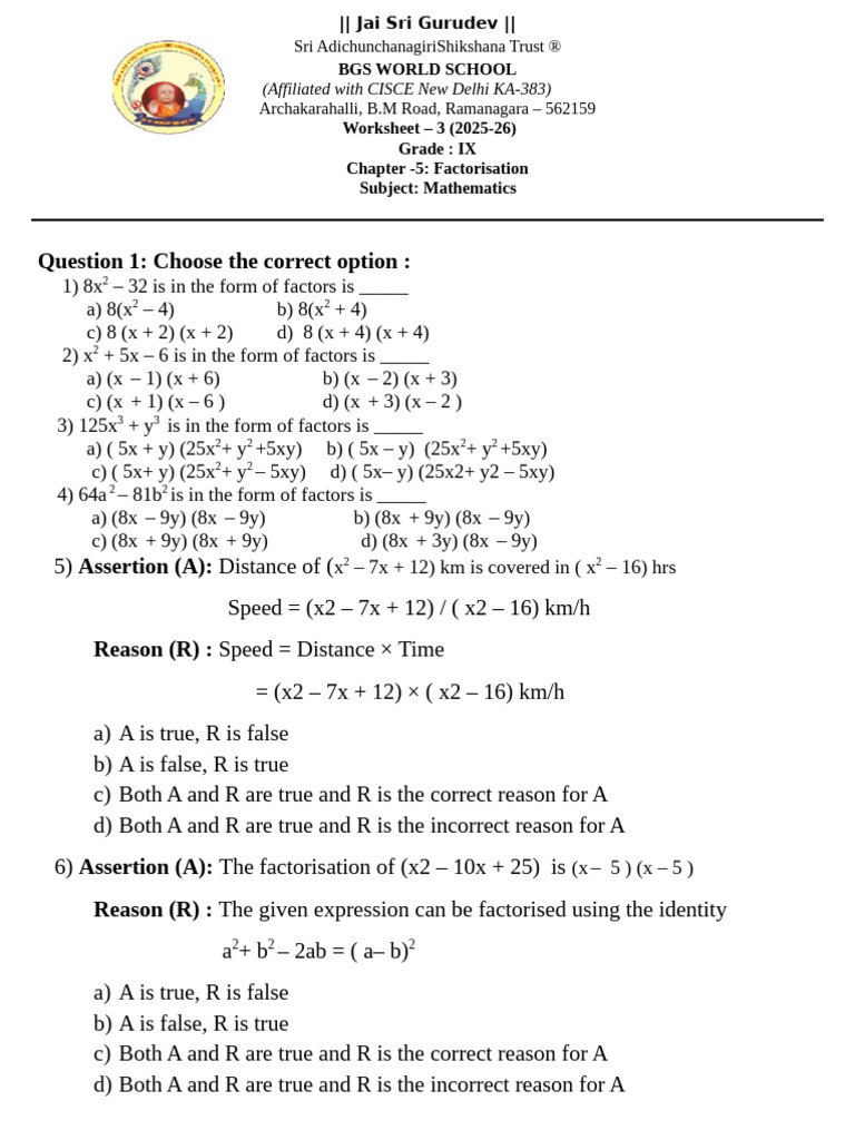 Class 9 Factorisation Worksheet | PDF