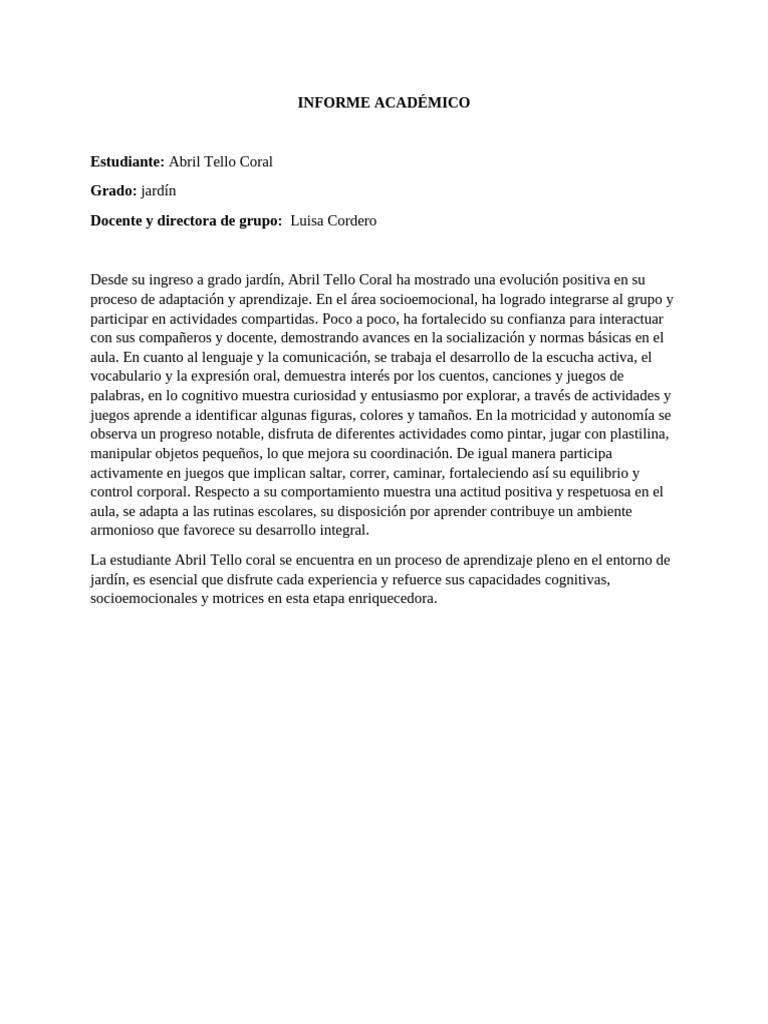 Informe Académico Abril Tello Coral | PDF