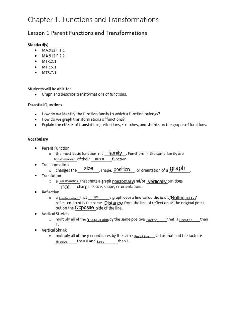 Vocab and Standards Chapter 1 Functions and Transformations | PDF | Function (Mathematics ...