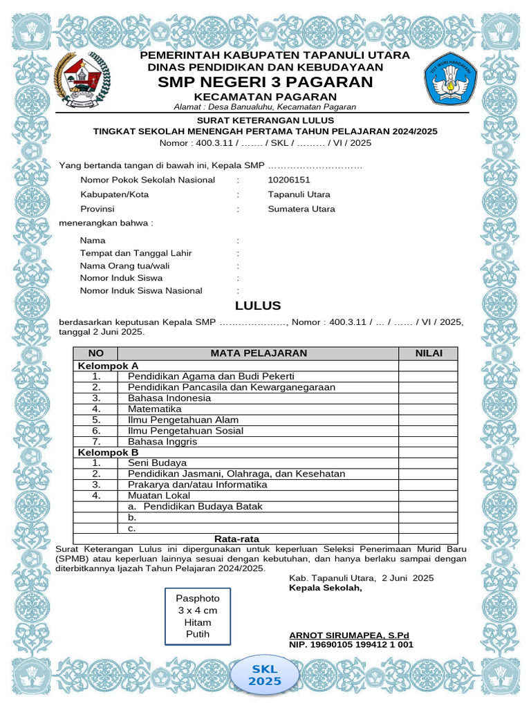 Surat Keterangan Lulus SMP 2025 | PDF
