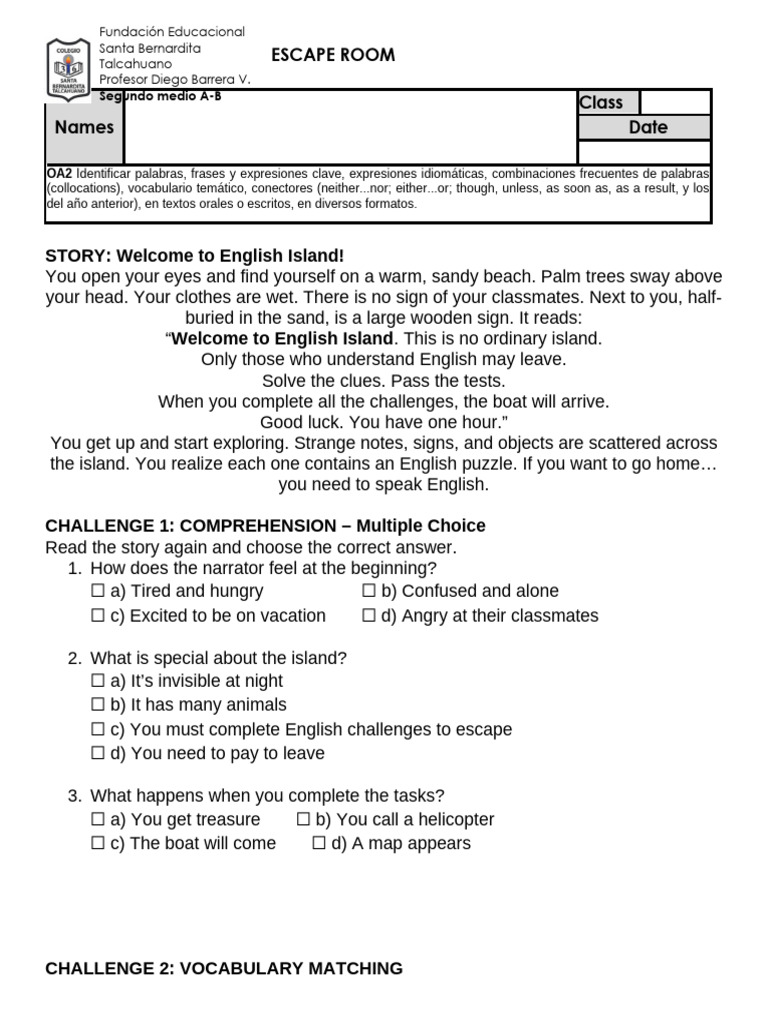 Escape Room English Challenges | PDF | English Language | Grammar