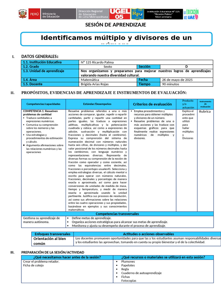 Sesion Unidad 03 - Matemàtica Multiplos y Divisores | PDF | Aprendizaje ...