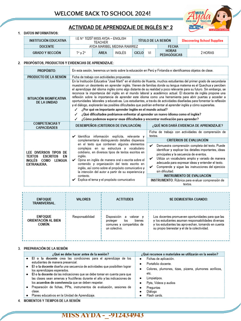 ACTIVIDAD DE APRENDIZAJE N° 2-_-PREA-S2-Discovering School Supplies-_-MISS AYDA .docx | PDF ...