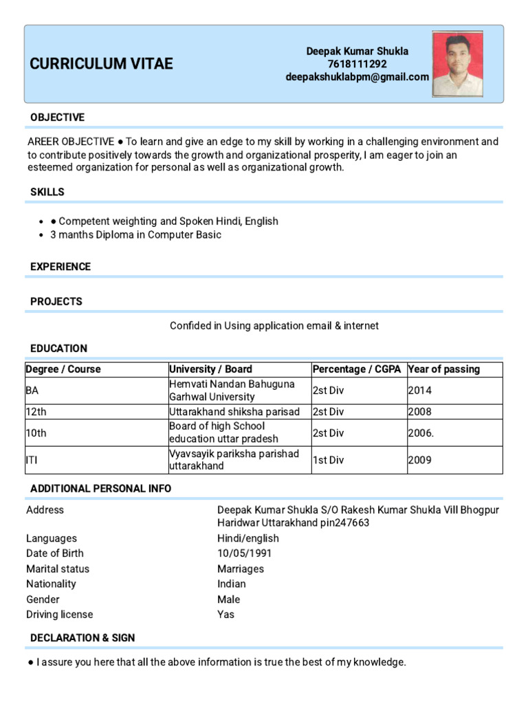 Curriculum Vitae: Deepak Kumar Shukla 7618111292 | PDF