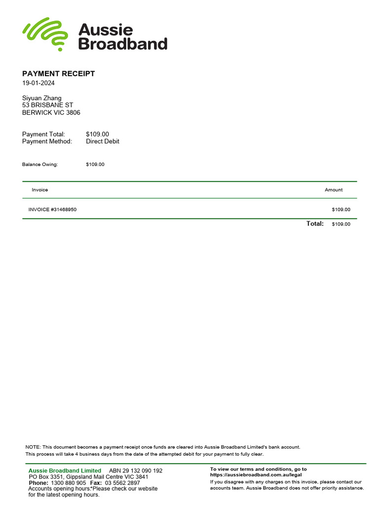 Aussie Broadband Payment Receipt #35754464 | PDF