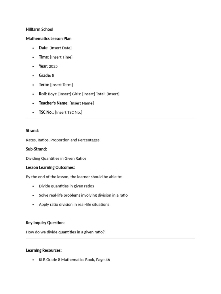 Hillfarm School Maths Lesson Plan | PDF | Ratio | Mathematics