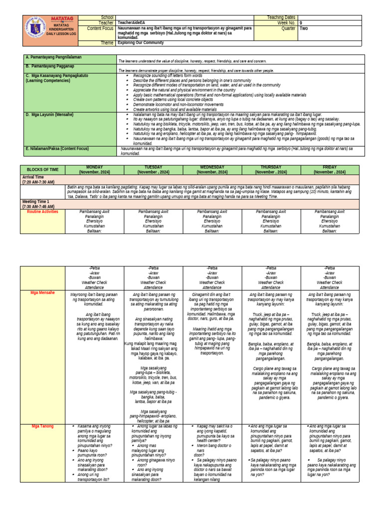 Kinder DLL - Quarter 2. Week 9. Matatag Curriculum | PDF