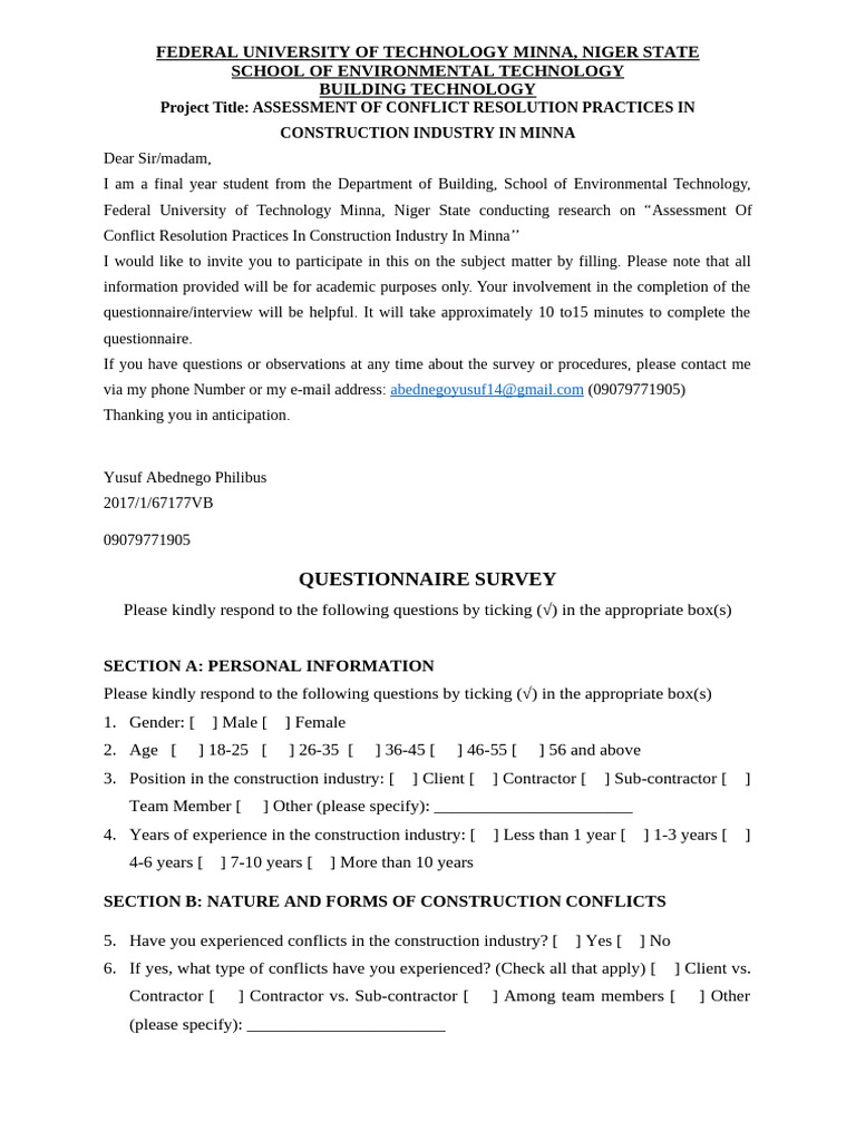 Yusuf Abednego Questionnaire - 113708 | PDF | Mediation | Conflict ...