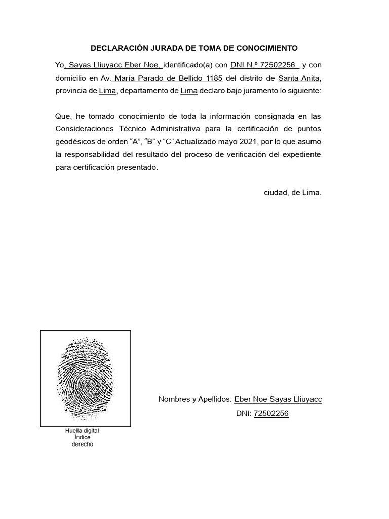 DECLARACION-JURADA-DE-TOMA-DE-CONOCIMIENTO y | PDF