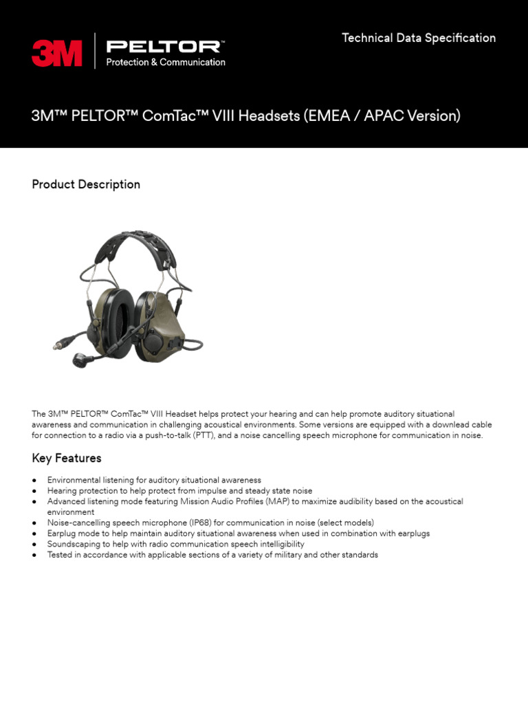PSD PC Comtac VIII Emea Apac Tds | PDF | Microphone | Noise
