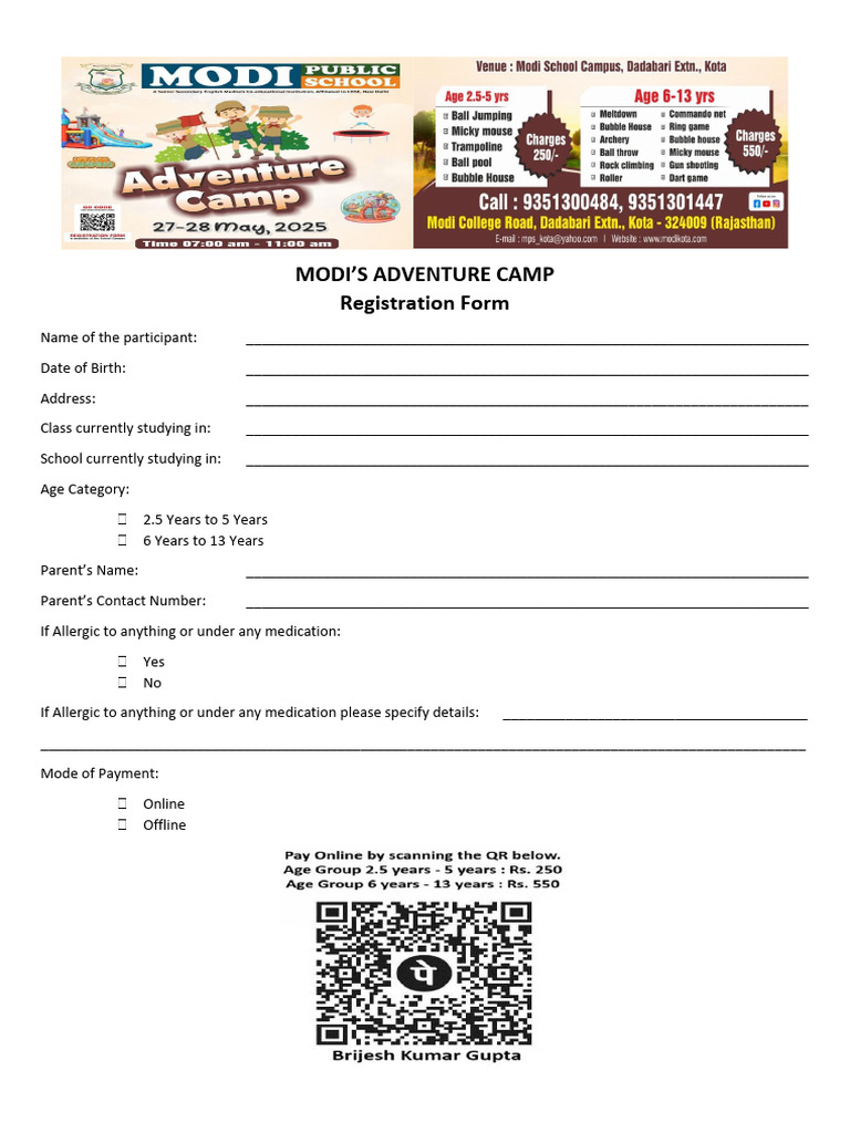 Modi's Adventure Camp Offline Registration Form | PDF