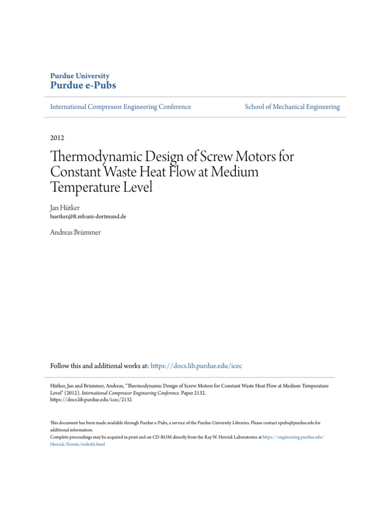 Thermodynamic Design of Screw Motors For Constant Waste Heat Flow | PDF ...